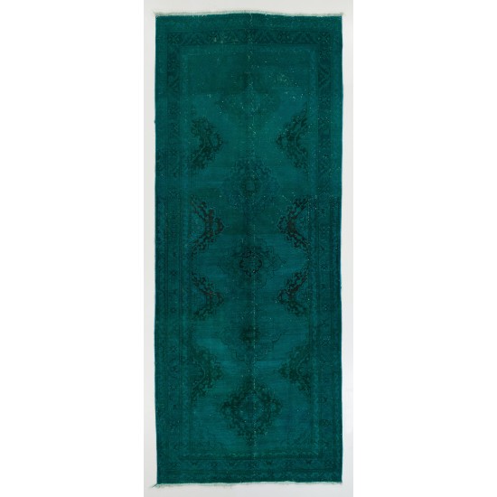 Teal Overdyed Vintage Handknotted Runner Rug, Authentic Corridor Carpet ...